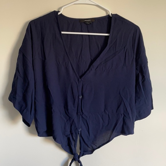 Forever 21 | Tops | Forever 2 Navy Blue Button Up Tie Front Cropped ...